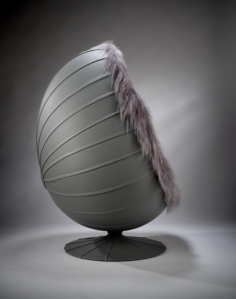 Music Pod Chair in Grey Leather and Longhaired Icelandic Sheepskin with ...