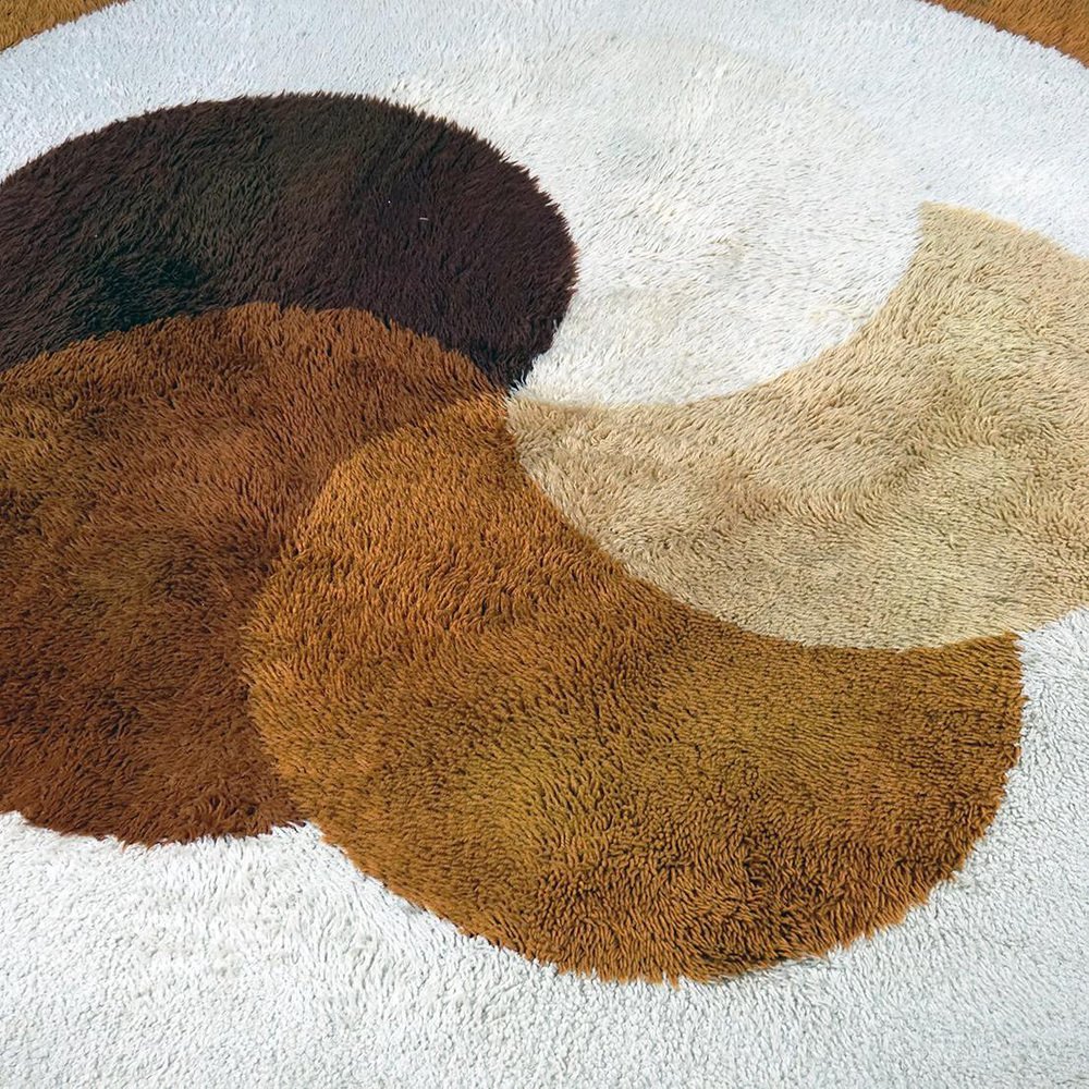 Vintage Circular Beige and Brown Wool Flower Rug attributed to Desso ...
