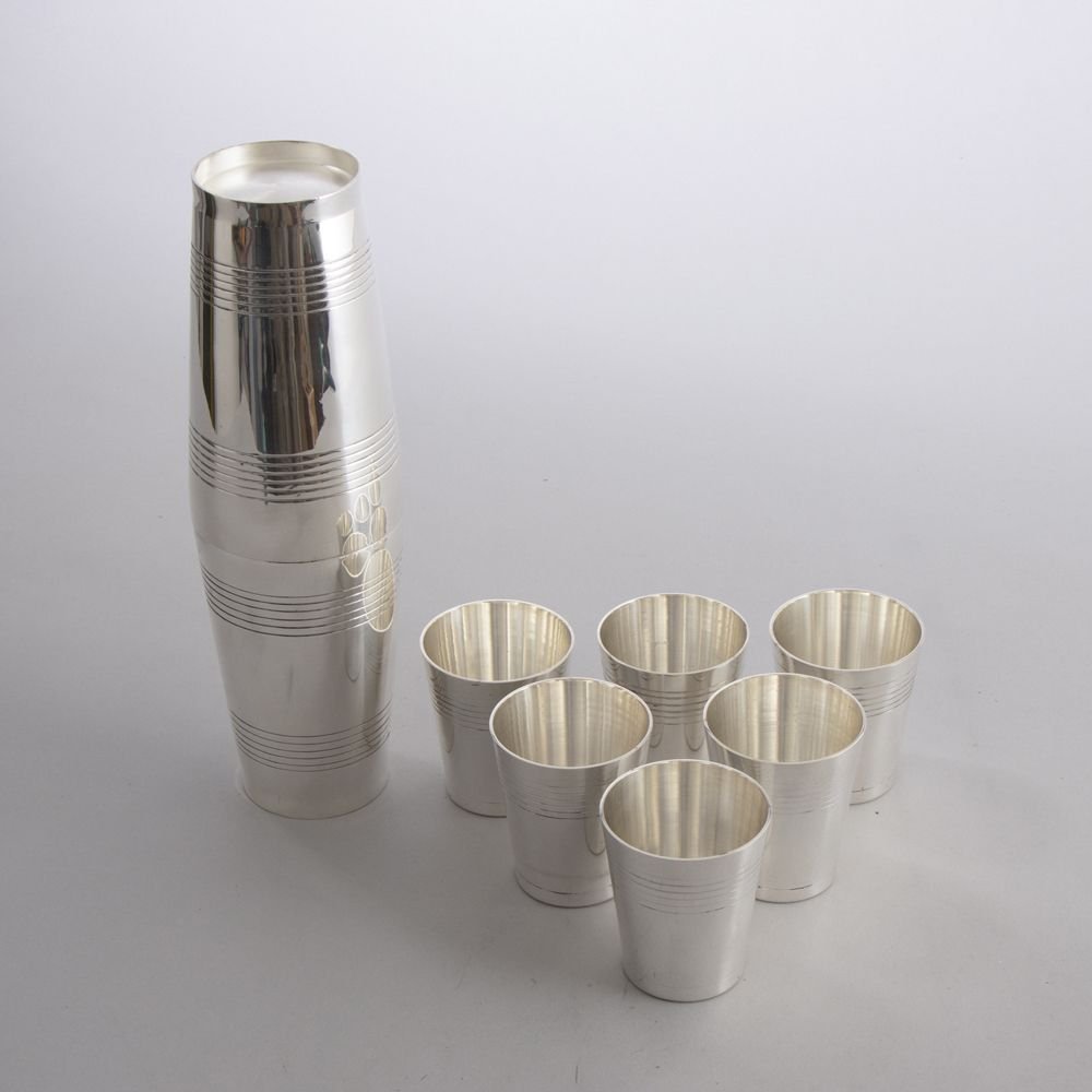 Art Deco Silver-Plated Cocktail Cocktail Shaker and Cups, Set of 7 for ...