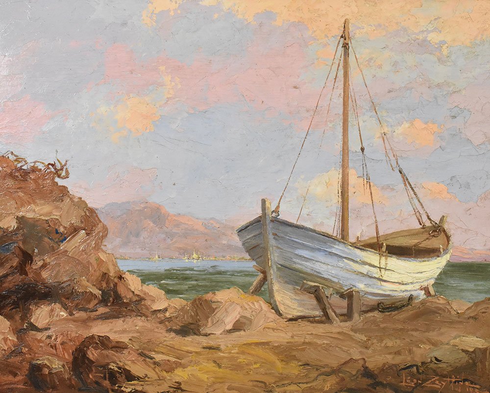 Léon Zeytline, Cote d'Azur Seascape with White Boat, Early 20th Century ...