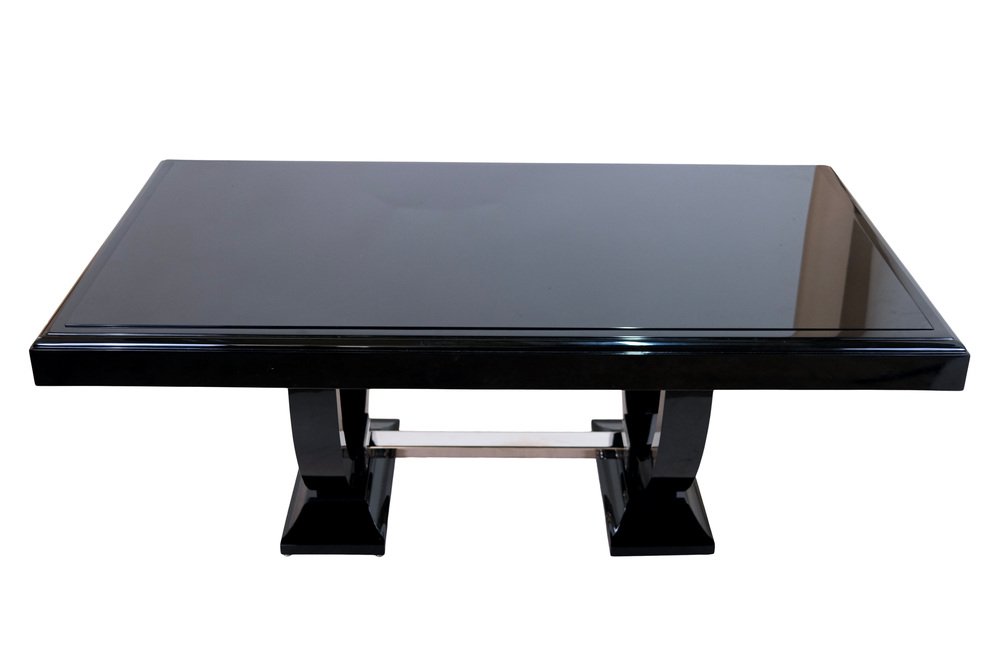 French Art Deco Dining Table in Black Piano Lacquer with U-Shaped Legs ...
