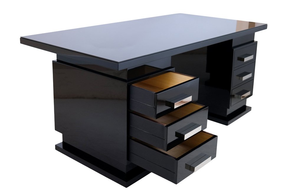Art Deco Style Desk in Black Piano Lacquer, 1950s for sale at Pamono