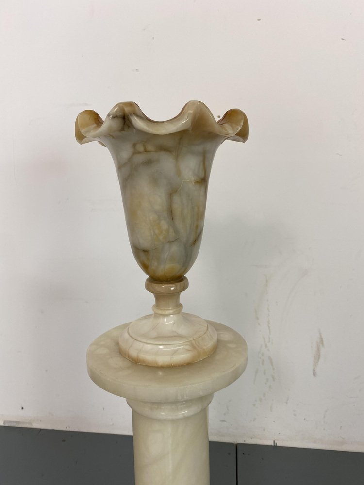 Vintage Spanish Alabaster Pedestal Column with Original Vase, 1970s ...