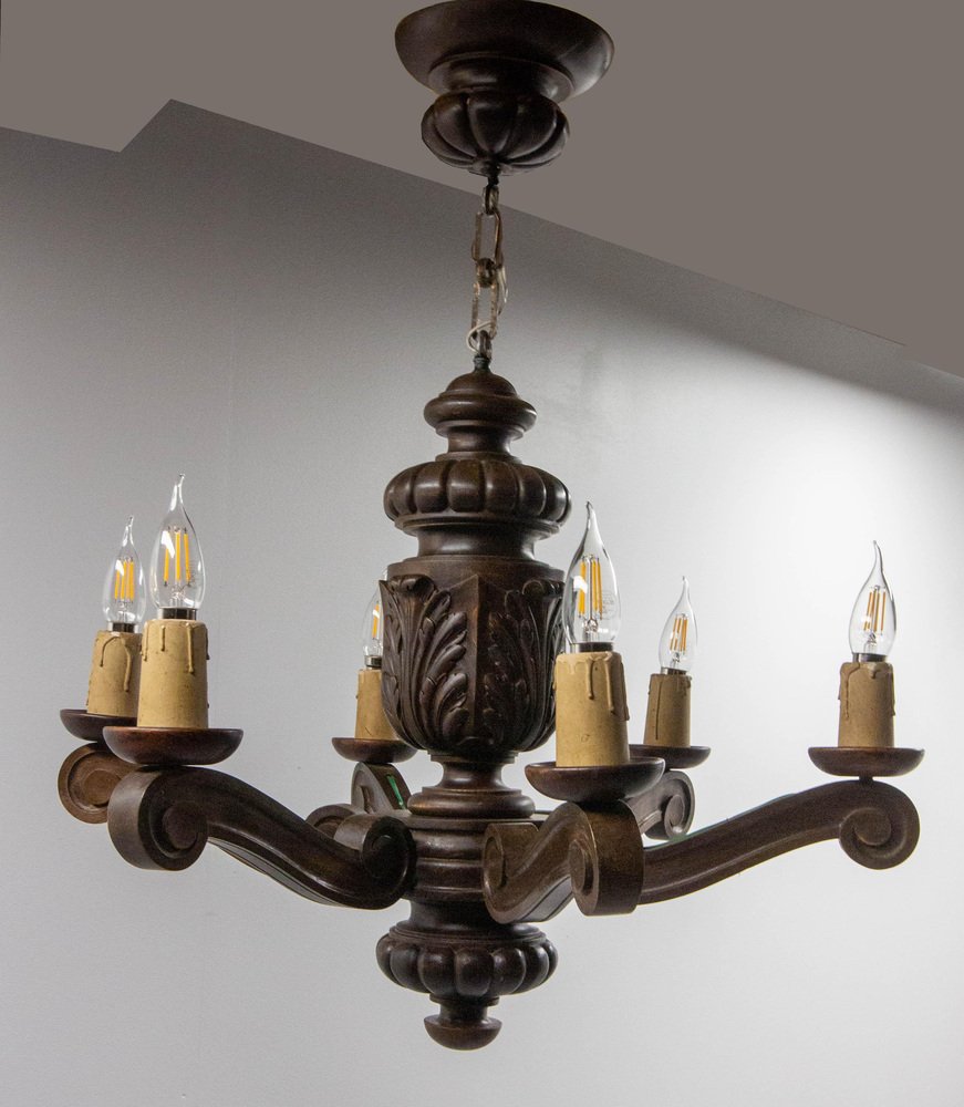 Renaissance Spanish Oak Ceiling Lustre Lamps, 1960s for sale at Pamono