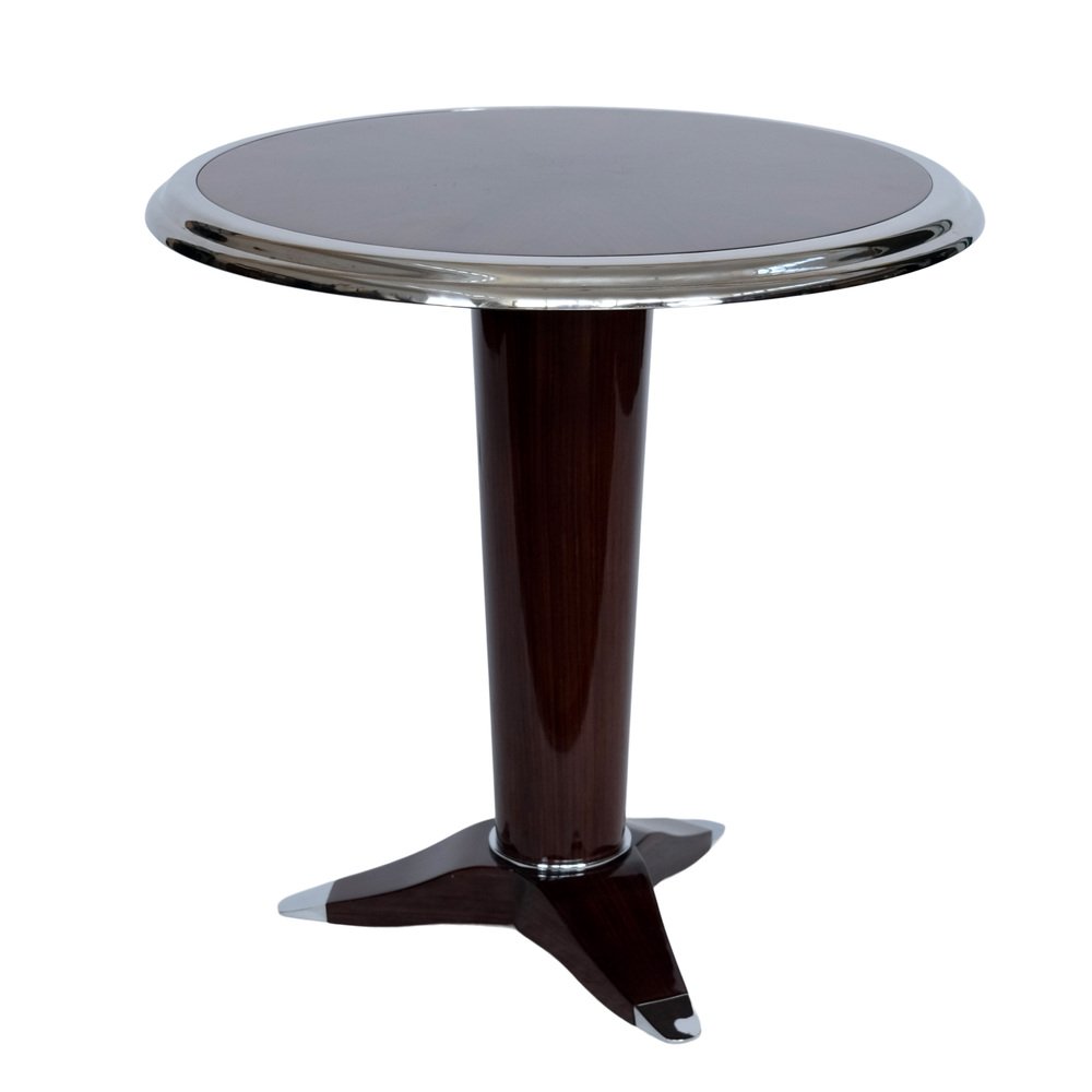 Art Deco Style Round Side Table in Lacquered Mahogany and Chrome, 1990s ...