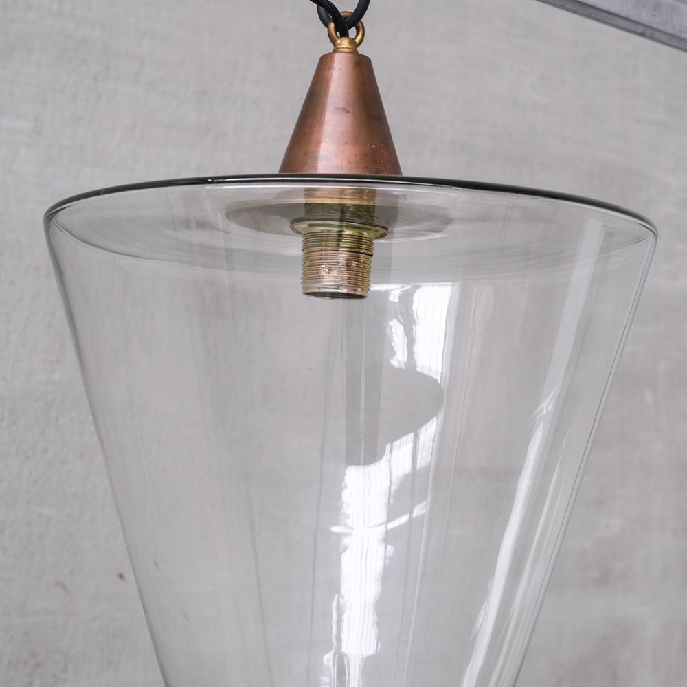 Mid-Century Conical Clear Glass & Copper Pendant Light for sale at Pamono