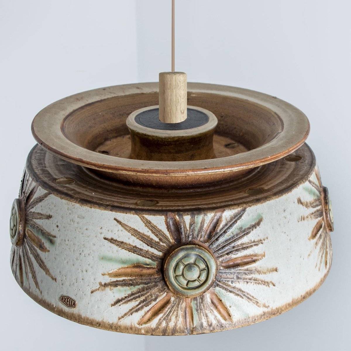 Flat Round Brown Ceramic Pendant Light, Denmark, 1970 for sale at Pamono