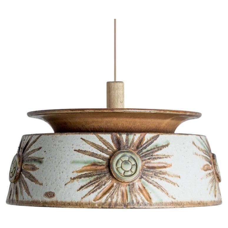 Flat Round Brown Ceramic Pendant Light, Denmark, 1970 for sale at Pamono