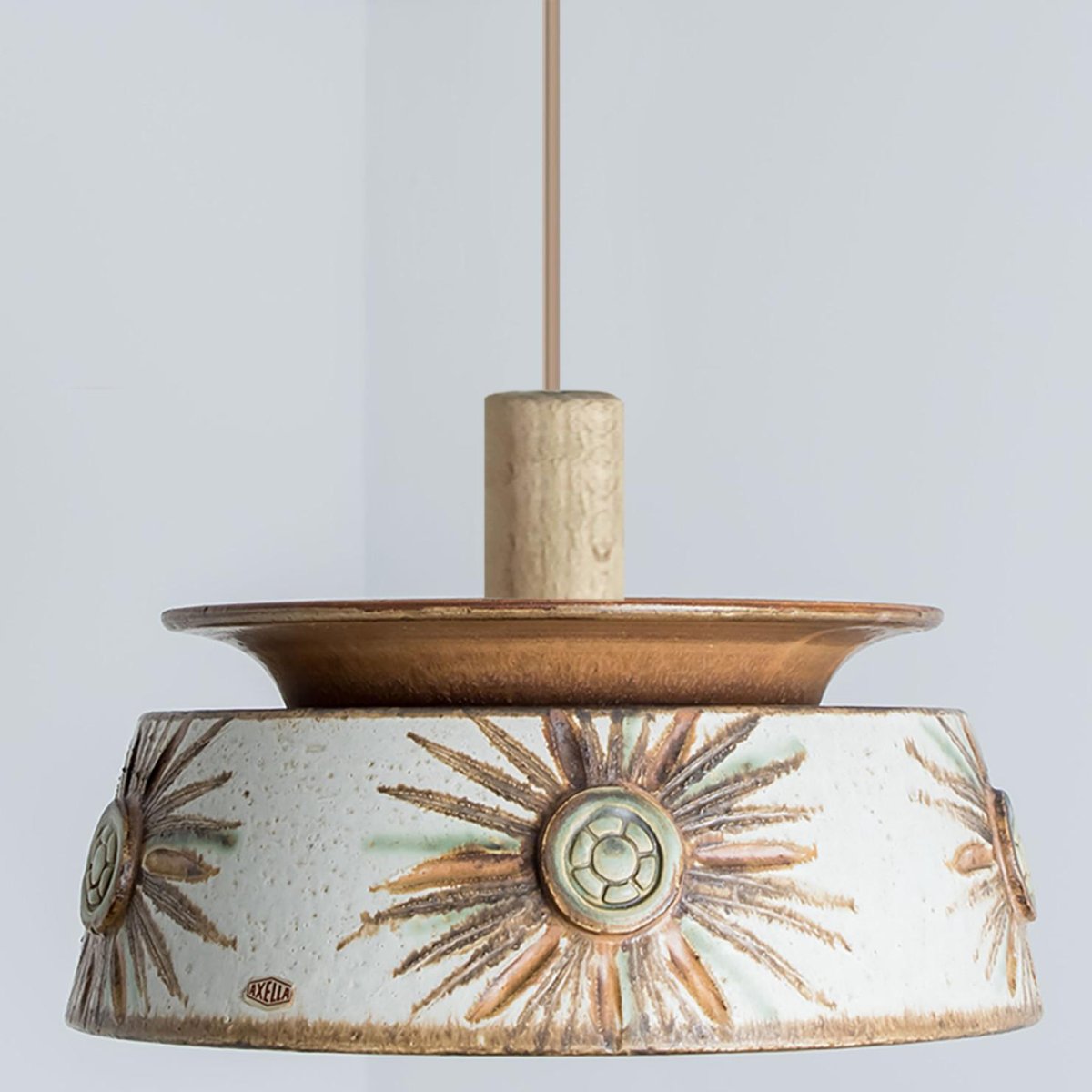 Flat Round Brown Ceramic Pendant Light, Denmark, 1970 for sale at Pamono
