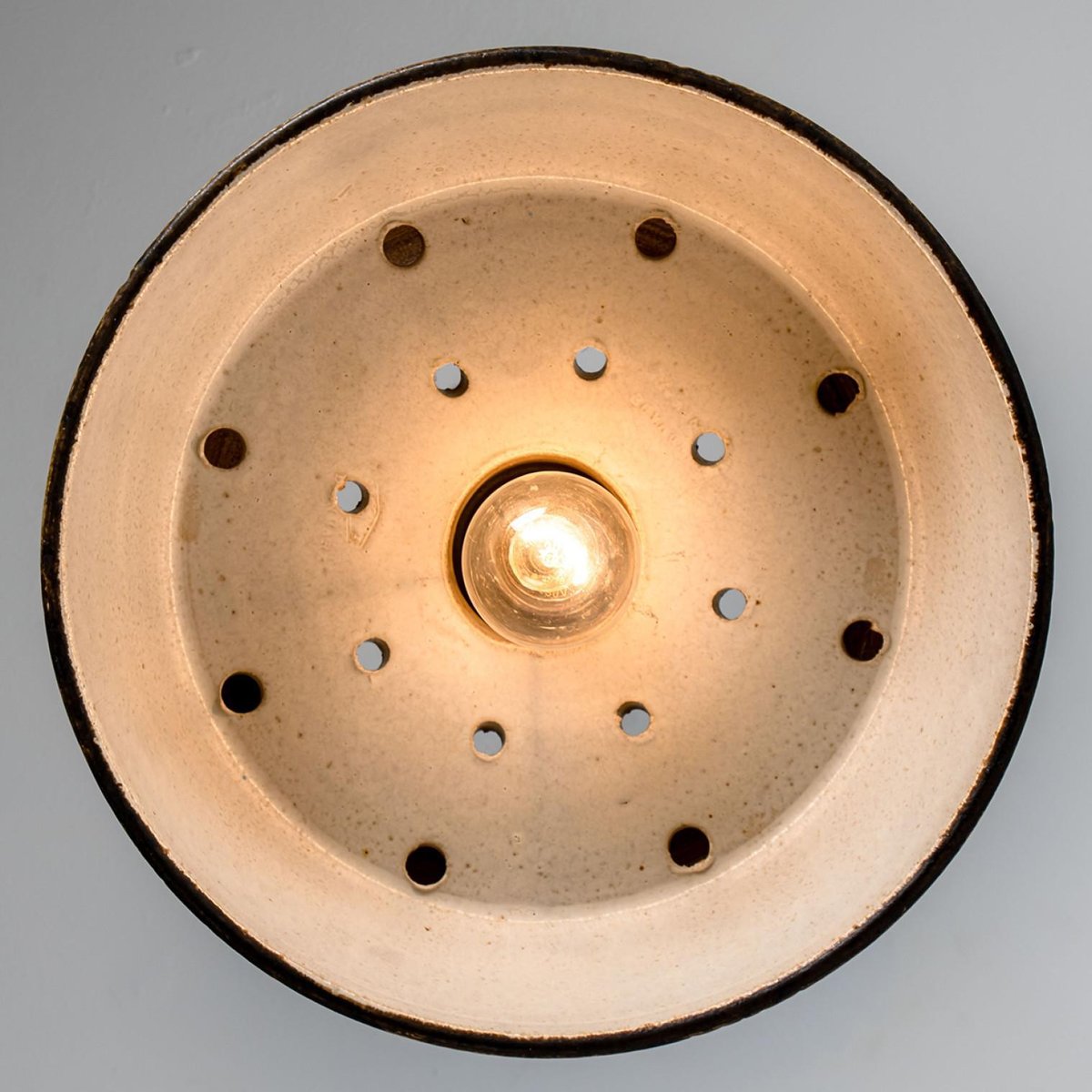 Flat Round Brown Ceramic Pendant Light, Denmark, 1970 for sale at Pamono