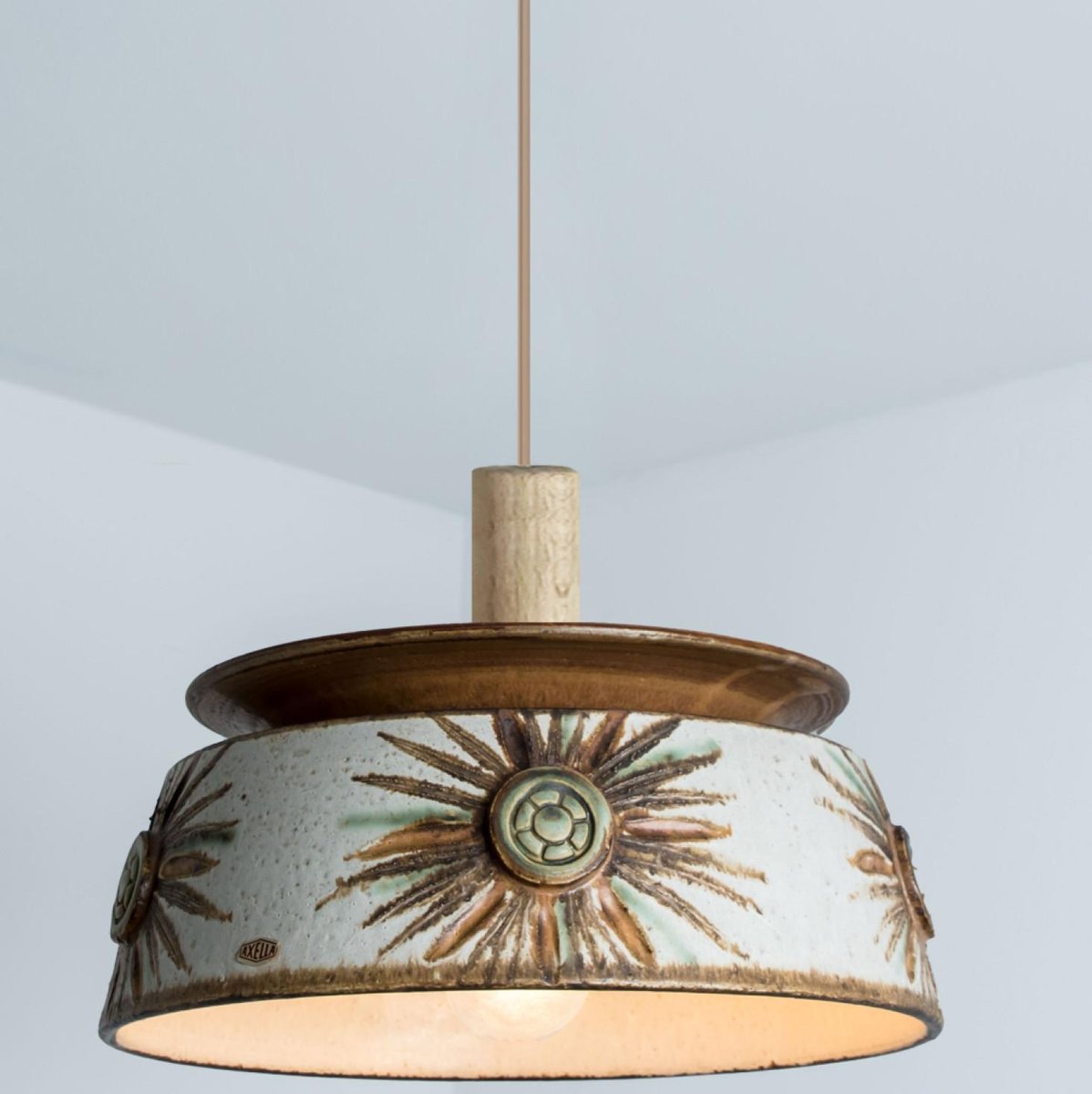 Flat Round Brown Ceramic Pendant Light, Denmark, 1970 for sale at Pamono