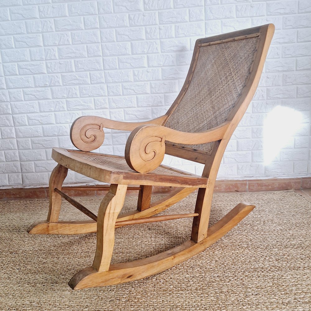 British Colonial Planters Rocking Chair in Teak and Rattan, India for ...