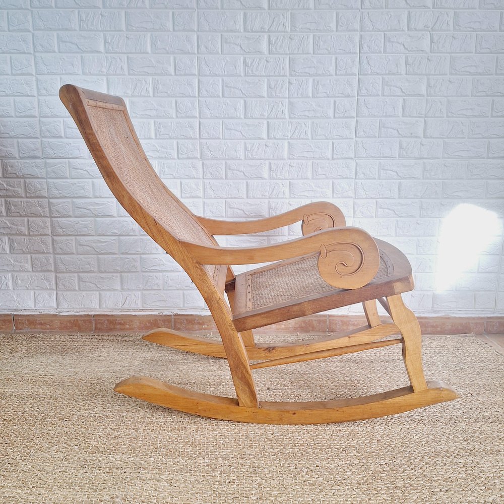 British Colonial Planters Rocking Chair in Teak and Rattan, India for ...