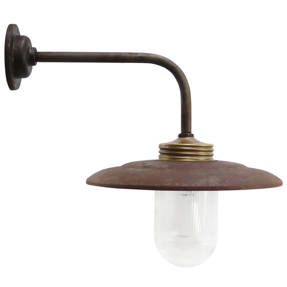 Vintage Industrial Rust Iron and Brass Glass Sconce with Clear Striped ...