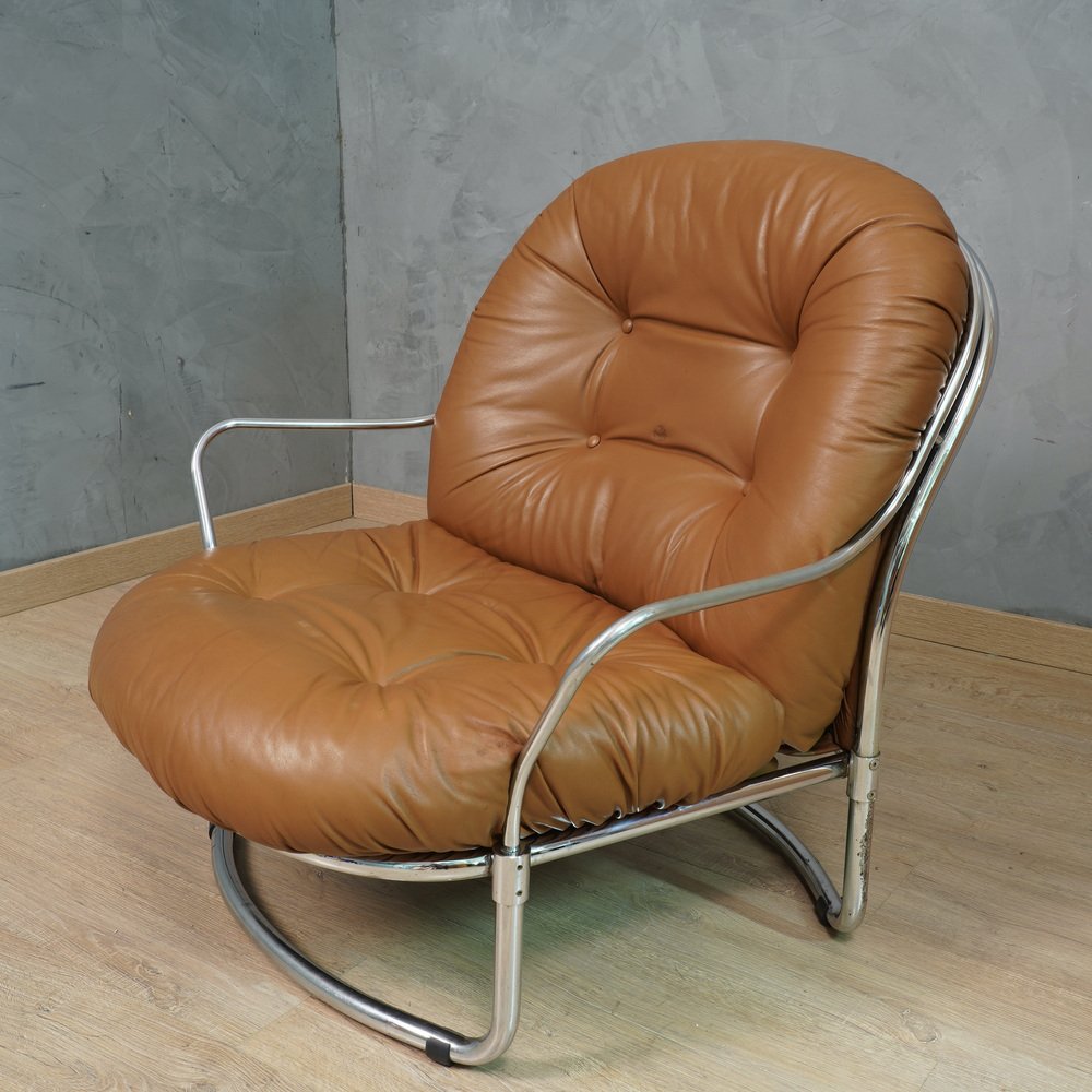 Model 915 Armchair in Chrome and Brown Leather by Carlo de Carli for ...