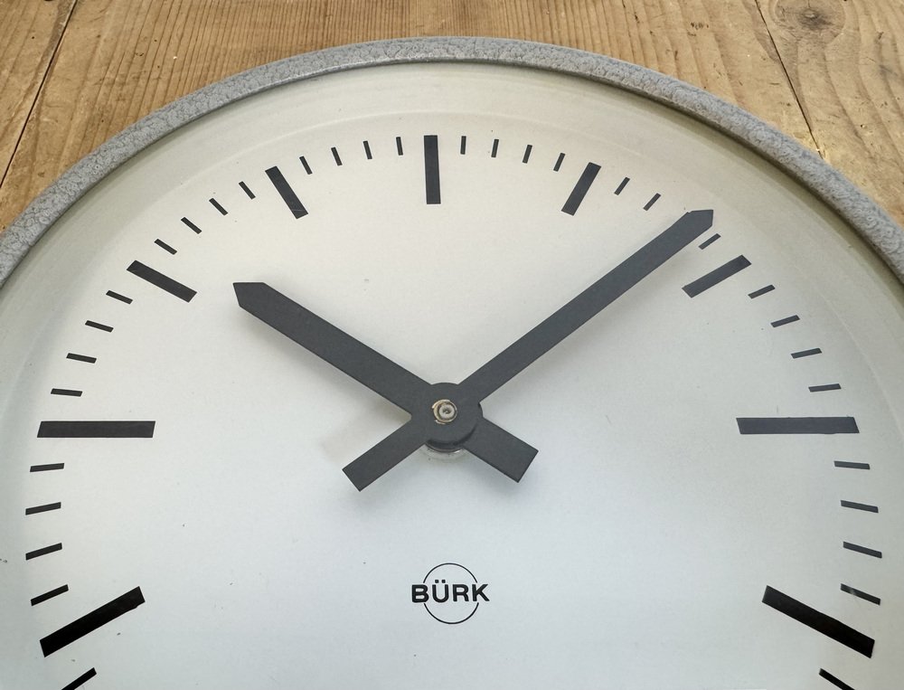 Industrial Grey Wall Clock from Burk, 1970s for sale at Pamono