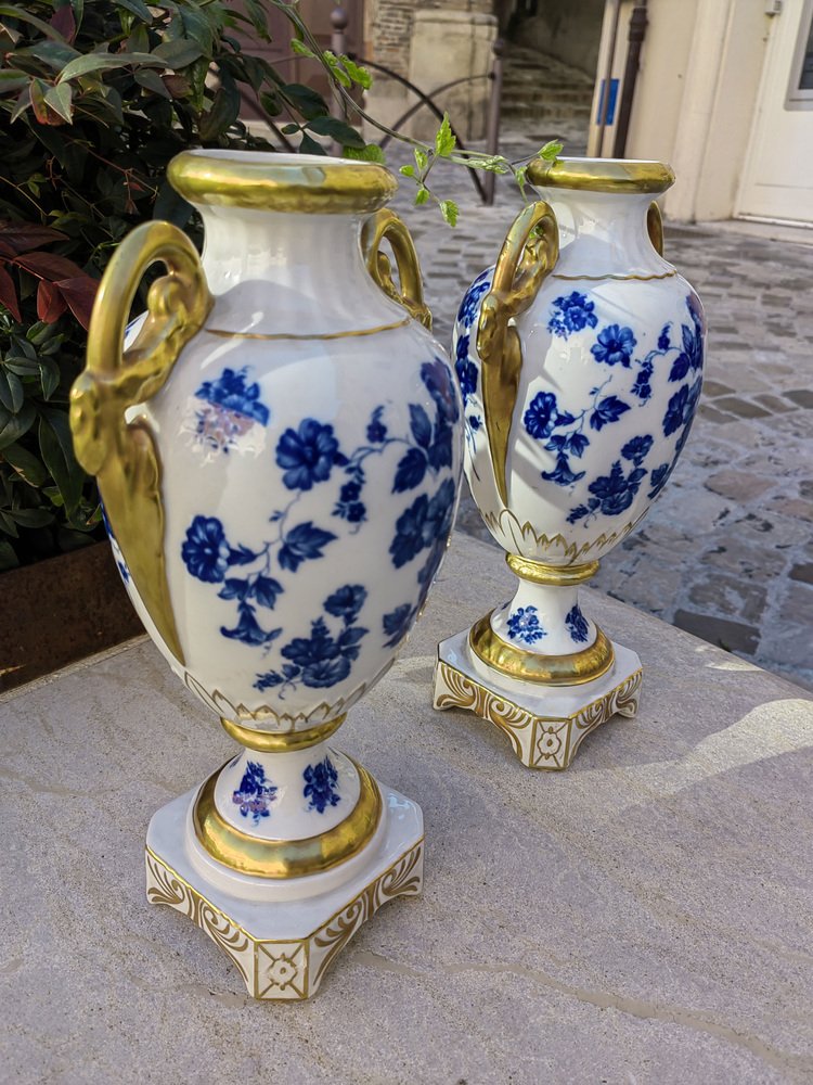 Bavarian Amphora Shaped Vases in White & Gold Porcelain with Handmade ...