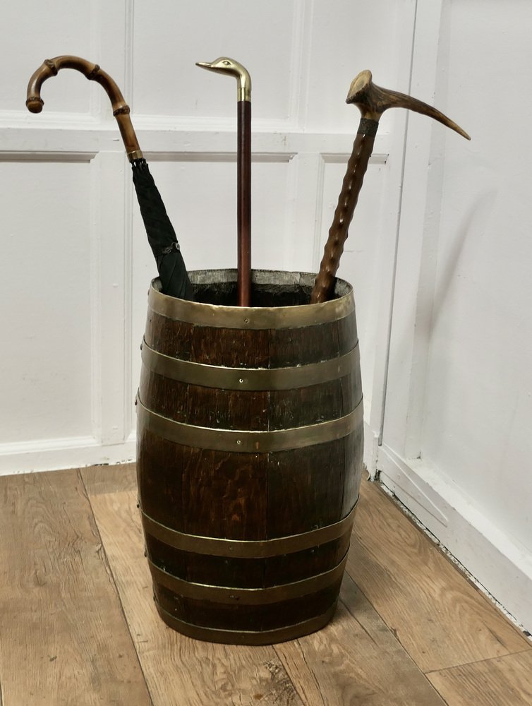 Large Brass and Oak Barrel Stick Stand for sale at Pamono