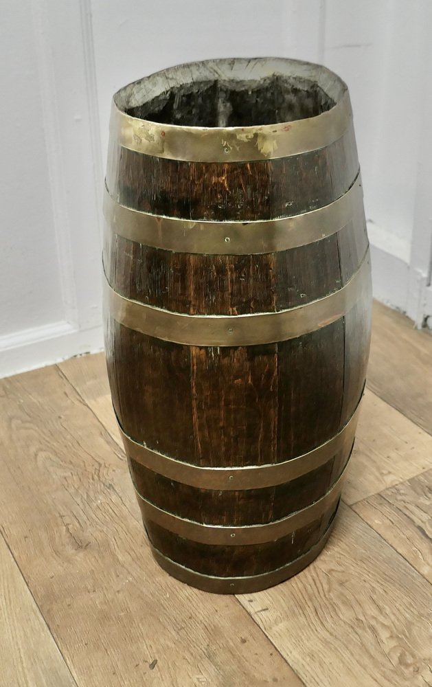Large Brass and Oak Barrel Stick Stand for sale at Pamono