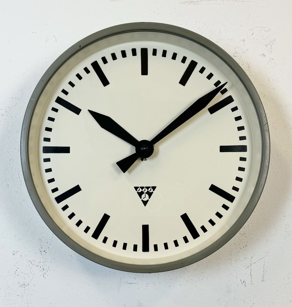 Grey Industrial Factory Wall Clock from Pragotron, 1960s for sale at Pamono