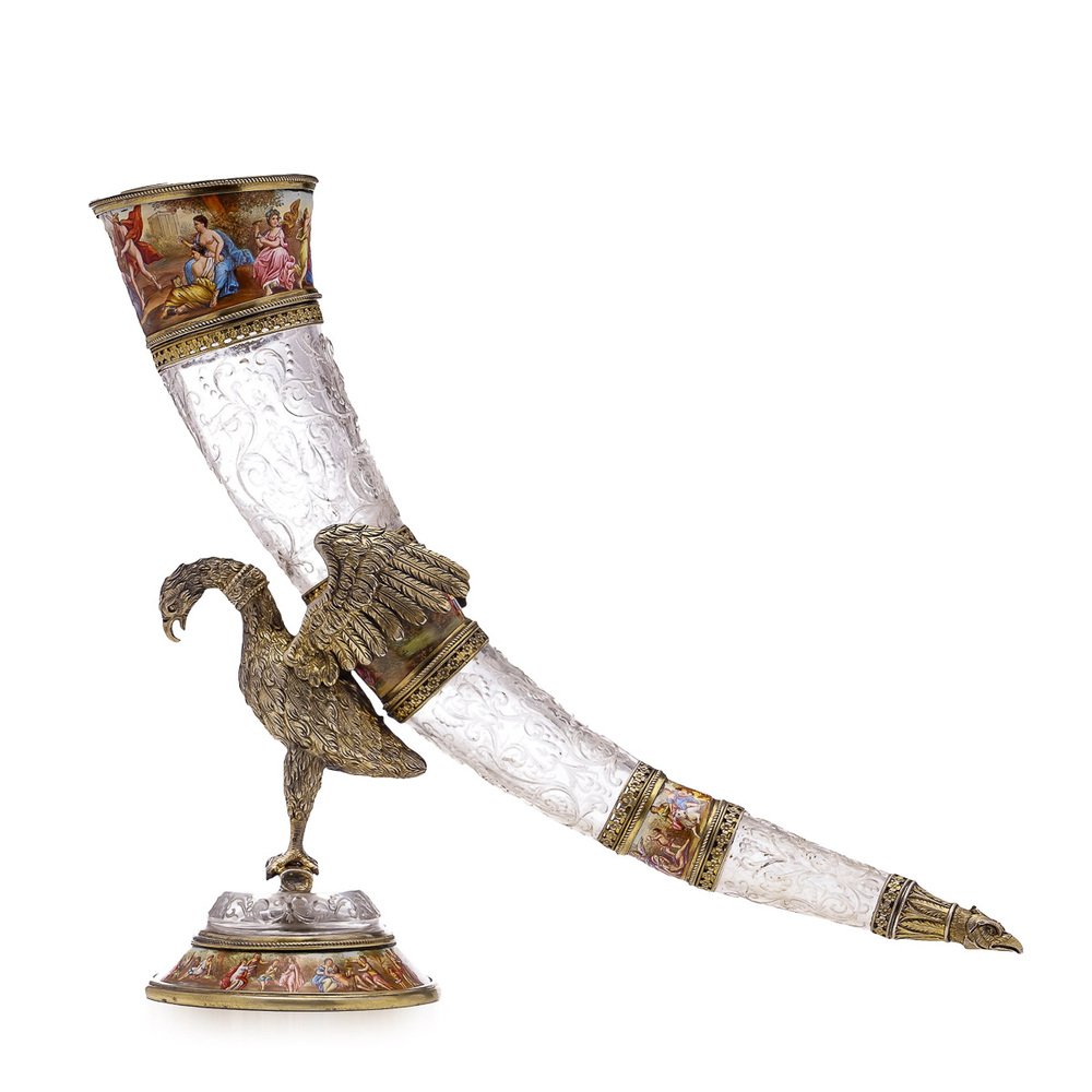 19th Century Austrian Silver Gilt, Enamel & Rock Crystal Drinking Horn ...