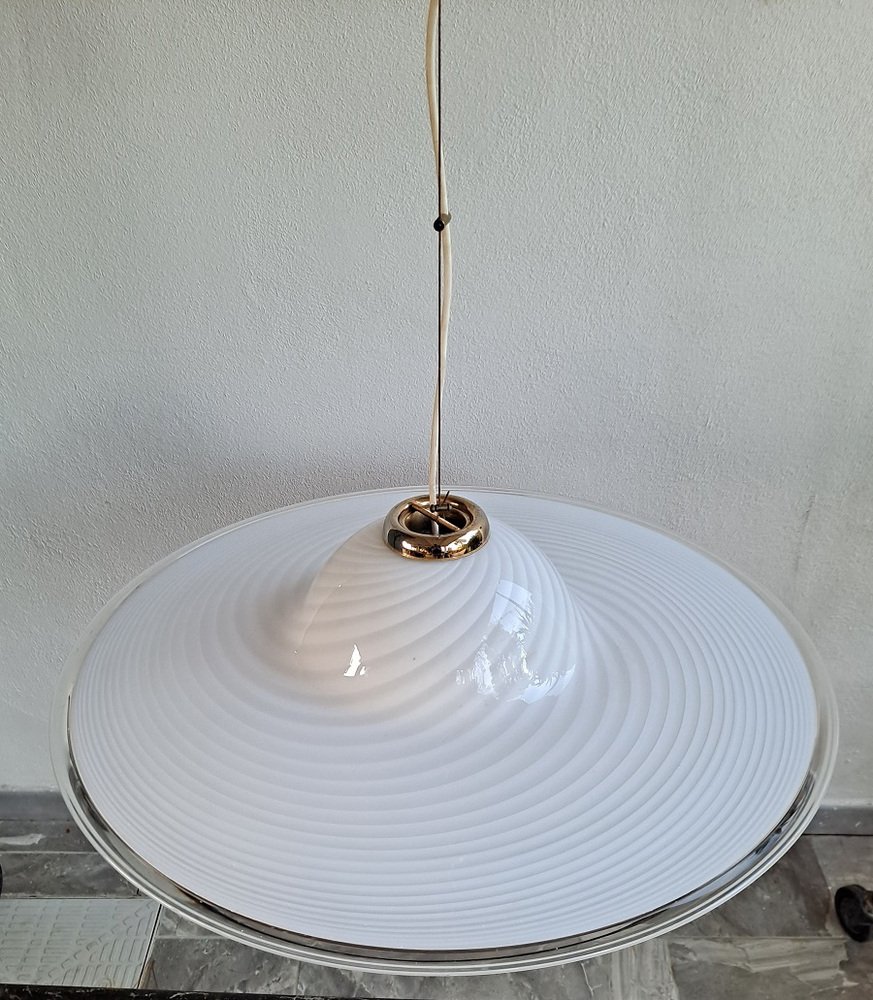Large Vintage Murano White Swirl Ceiling Light Clear Rim in Murano ...
