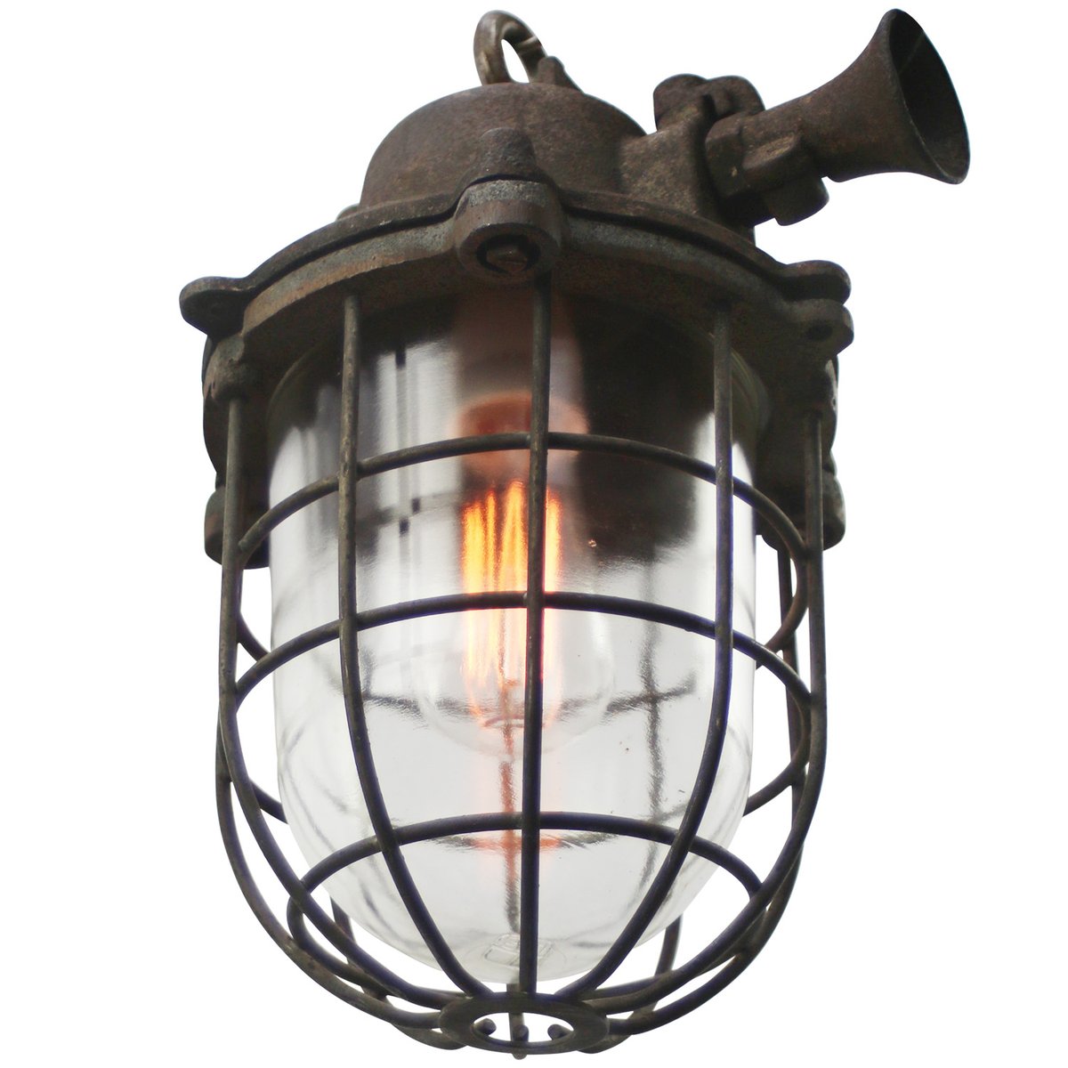 Vintage Industrial Rust Iron Clear Glass Pendant Lamp for sale at Pamono