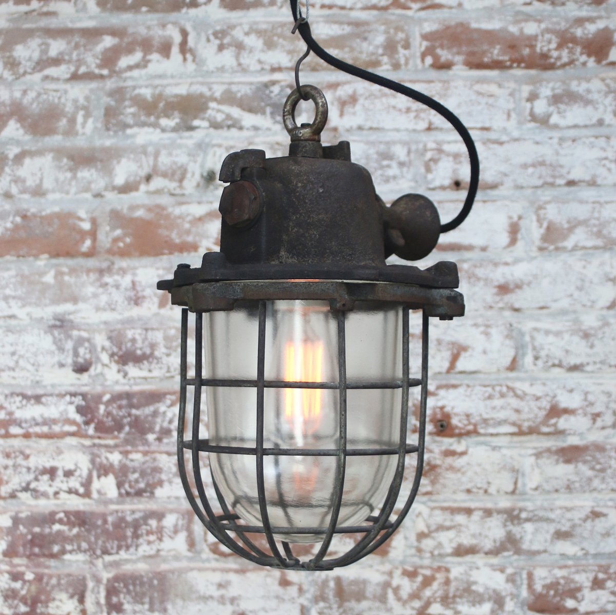 Vintage Industrial Rust Iron Clear Glass Pendant Lamp for sale at Pamono