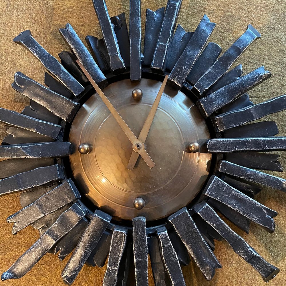 Brutalist Hollywood Regency Sunburst Metal Wall Clock, Germany, 1970s ...