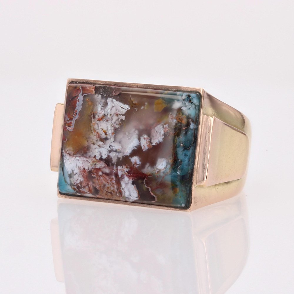 Confetti Agate 18 Karat Yellow Gold Signet Ring, 1950s for sale at Pamono