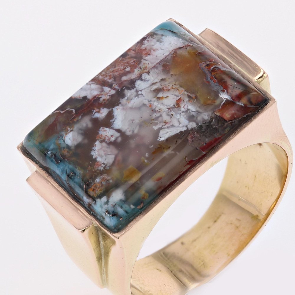 Confetti Agate 18 Karat Yellow Gold Signet Ring, 1950s for sale at Pamono