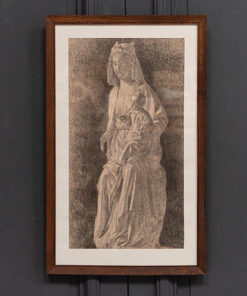 Statue of Virgin and Child, Early 20th Century, Charcoal Drawing ...