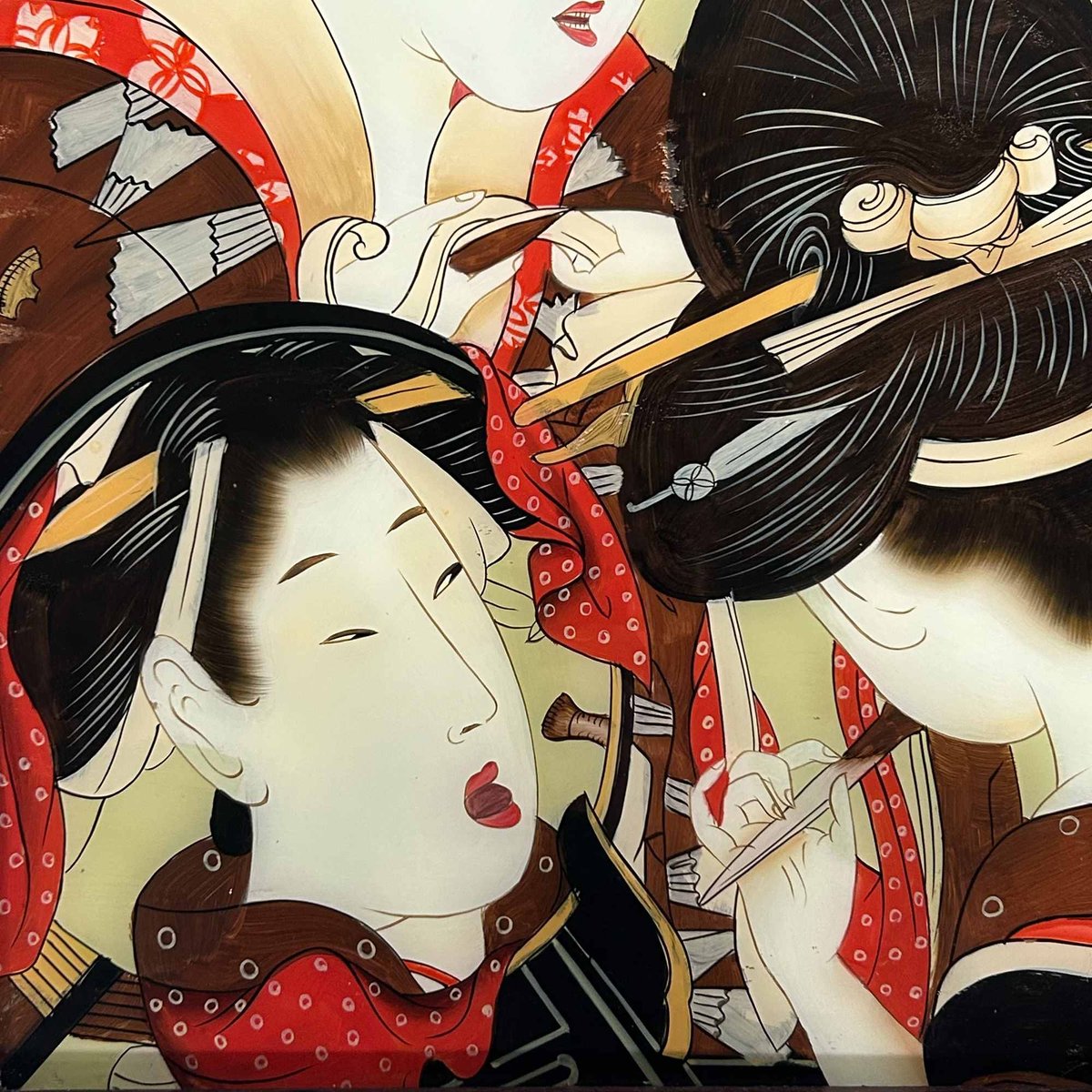 Ukiyo-E Reverse Glass Painting of Geisha Makeup Ritual, Early Shōwa Era ...