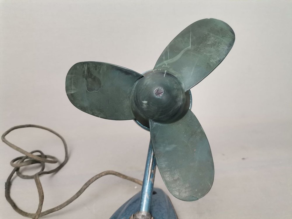 Art Deco Style Blue Metallic Iron Electric Air Fan, 1959 for sale at Pamono