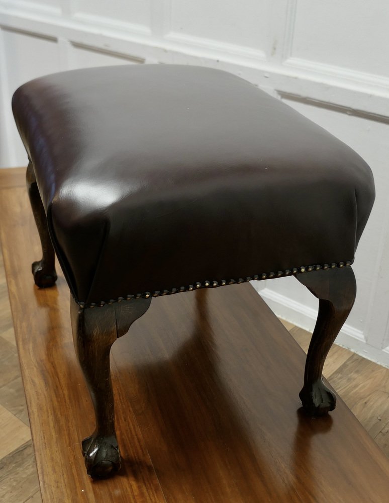 Chunky Oak Cabriole Leg Leather Library Stool, 1890s for sale at Pamono
