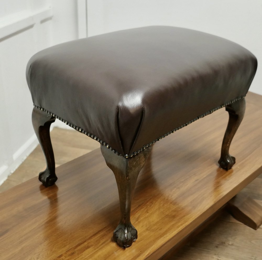 Chunky Oak Cabriole Leg Leather Library Stool, 1890s for sale at Pamono