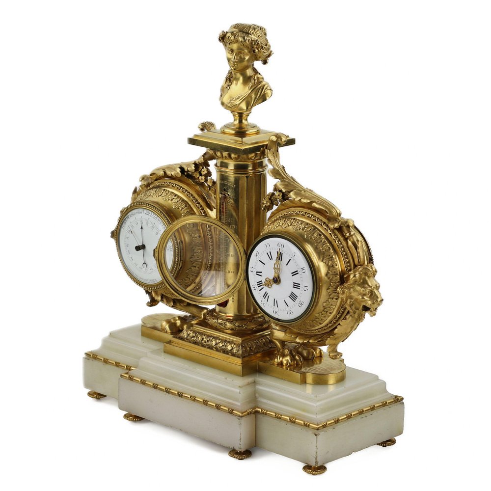 Tabletop Clock, Thermometer and Barometer in White Marble and Gilded ...