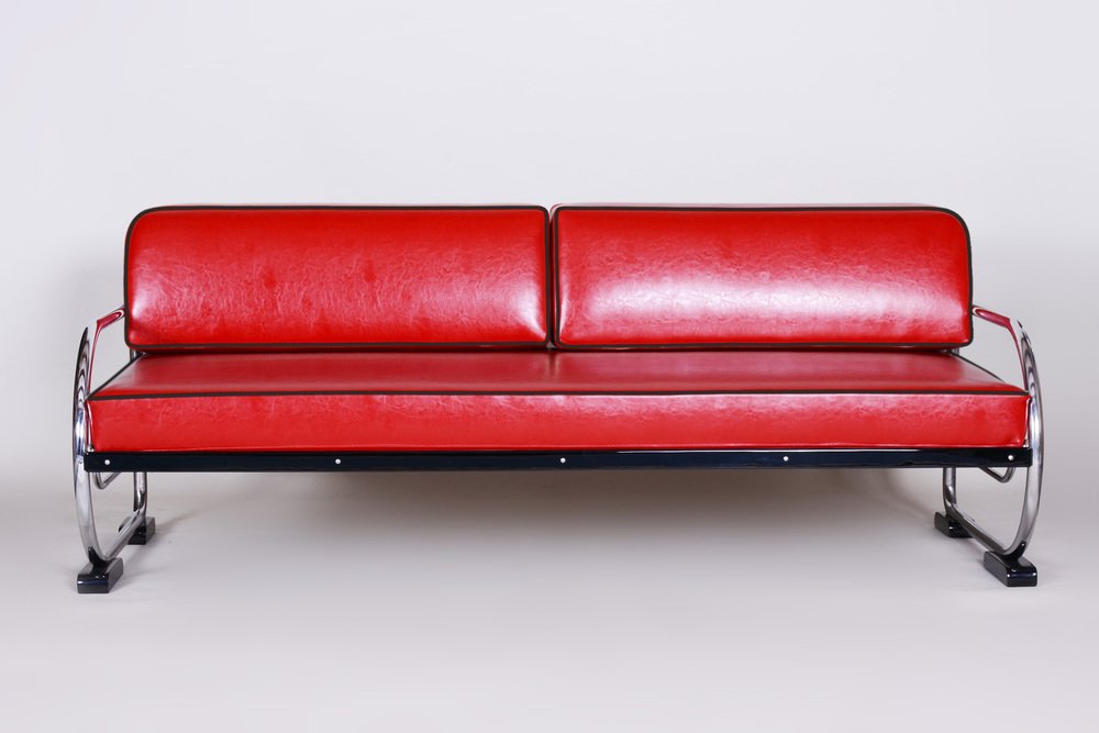 Bauhaus Red Chrome-Plated Tubular Steel Sofa attributed to Robert ...