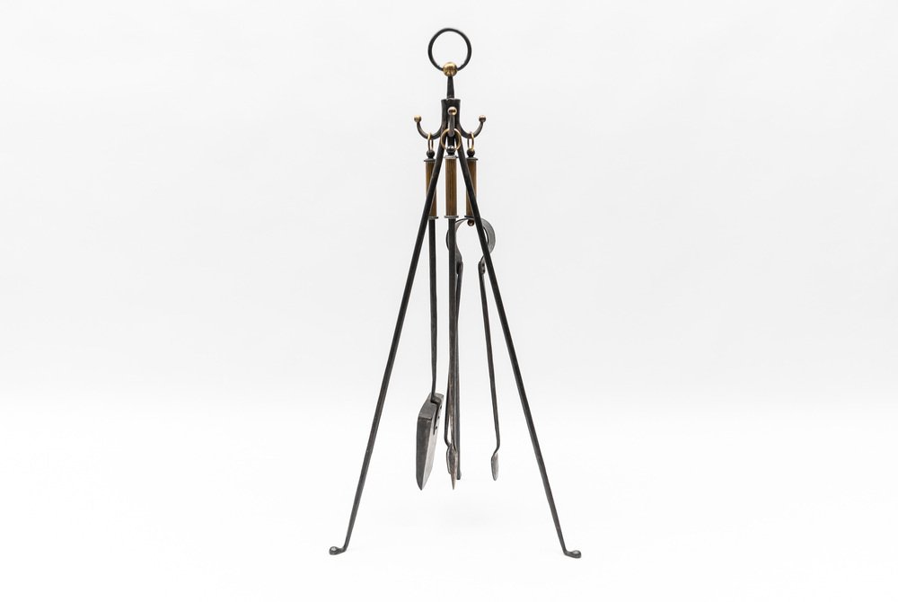 Hand Forged Iron and Brass Tripod Stand with Fireplace Tools, Austria ...
