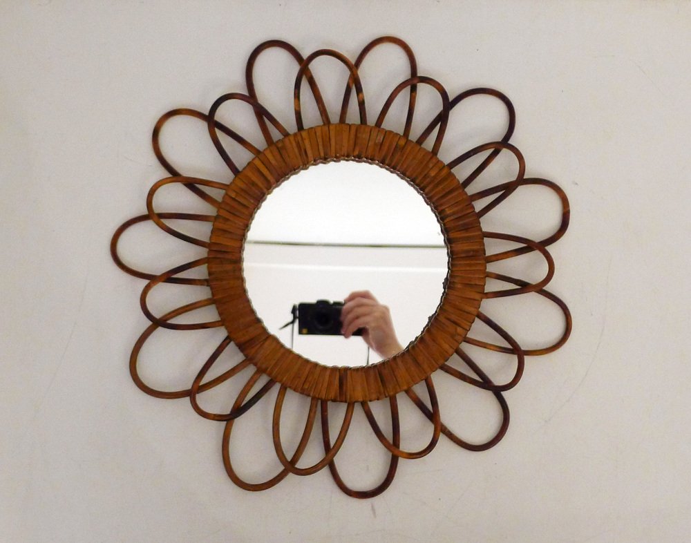 Vintage Rattan Flower Mirror, 1970 for sale at Pamono