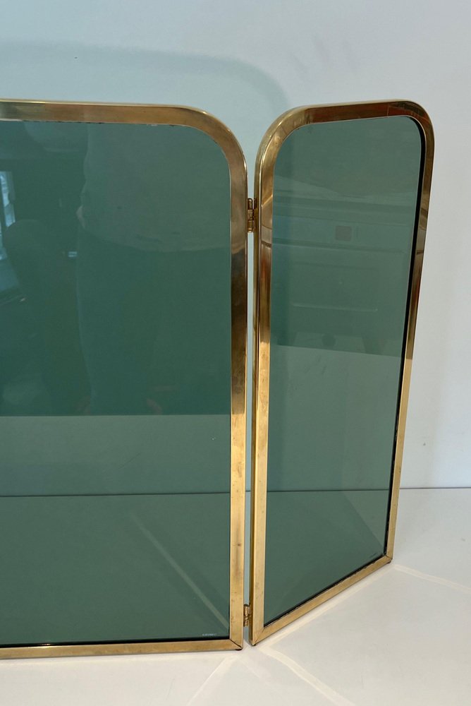 Glass Firewall Surrounded by Brass Frame, 1970s for sale at Pamono