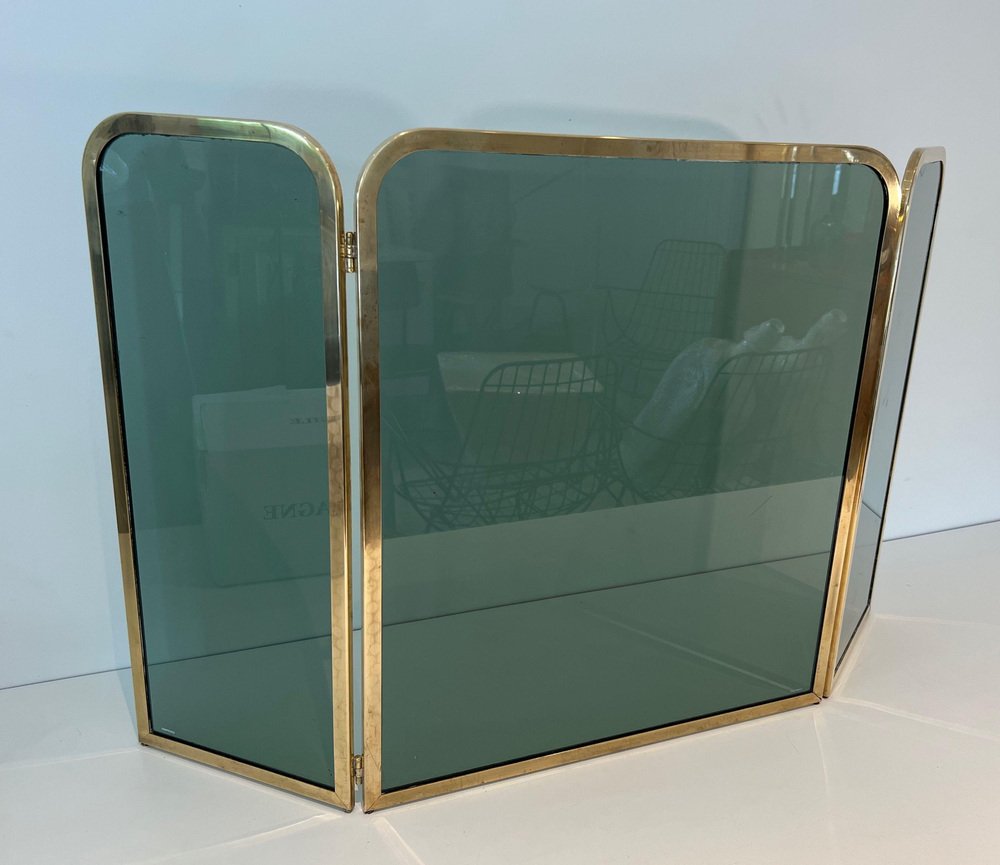 Glass Firewall Surrounded by Brass Frame, 1970s for sale at Pamono