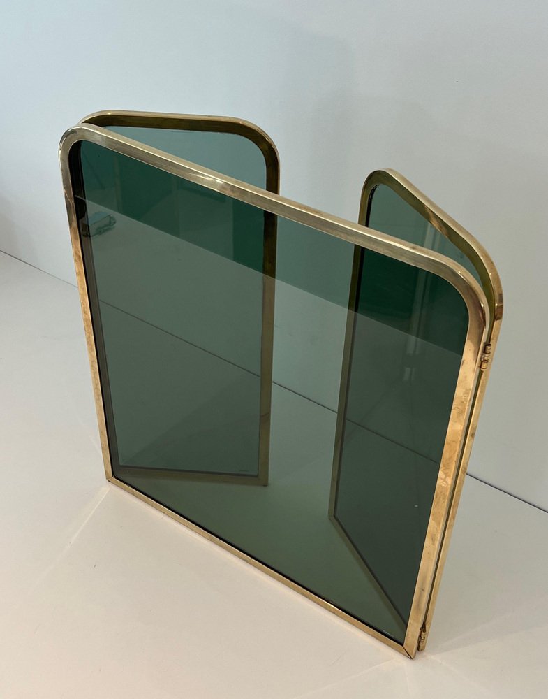 Glass Firewall Surrounded by Brass Frame, 1970s for sale at Pamono