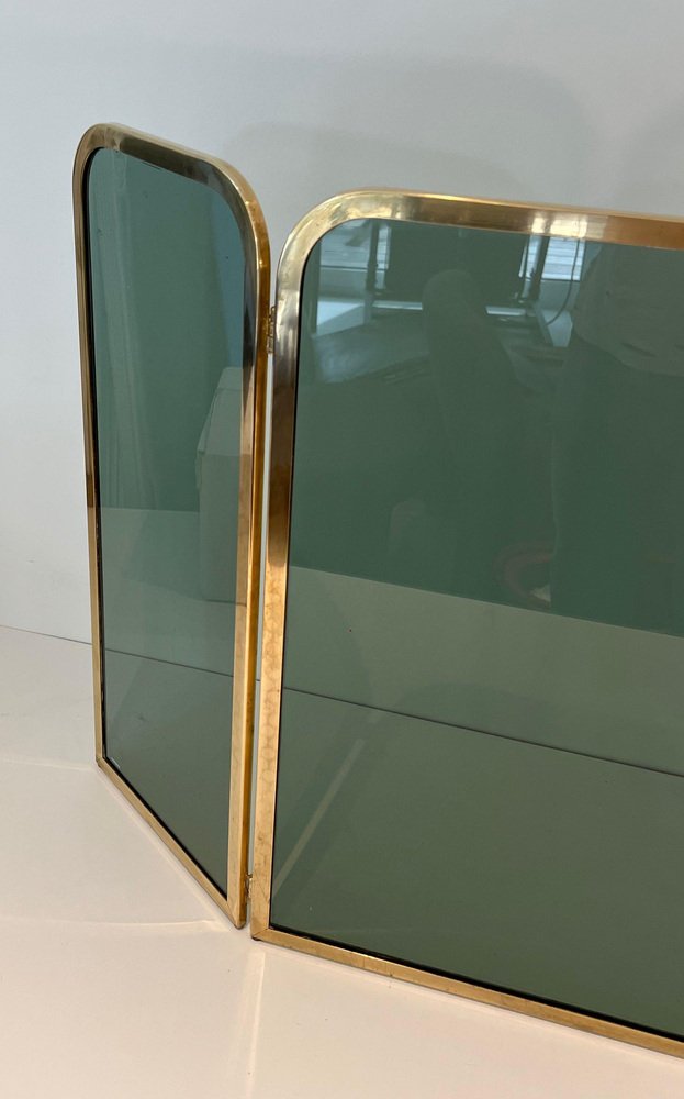 Glass Firewall Surrounded by Brass Frame, 1970s for sale at Pamono