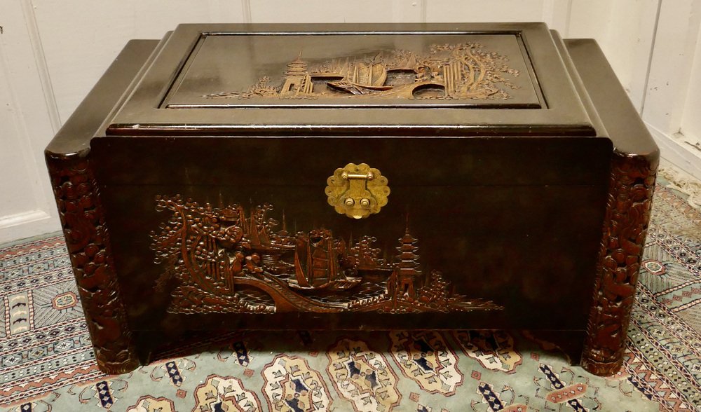 Art Deco Oriental Carved Camphor Wood Chest, 1920s for sale at Pamono