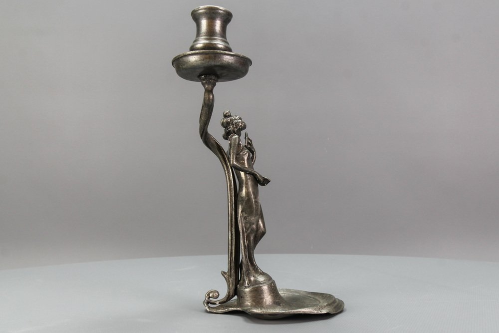 French Art Nouveau Pewter Candlestick with Lady Sculpture, 1920s for ...