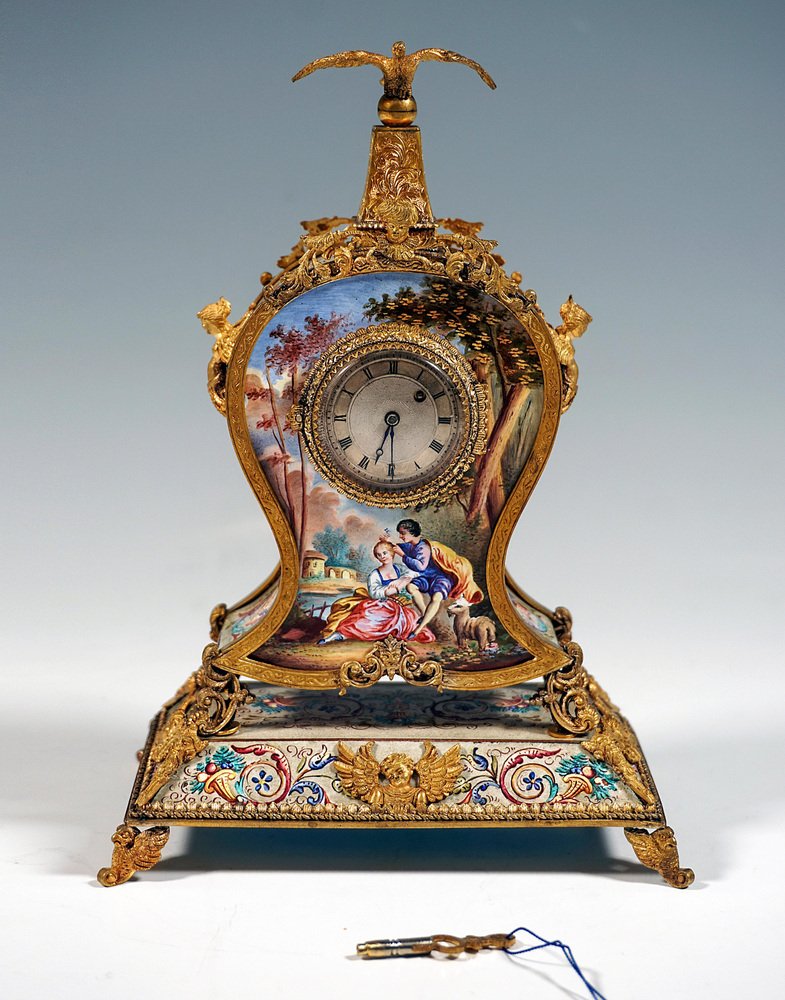 Viennese Gilt Silver & Enamel Table Clock with Gallant Scenes Painting ...