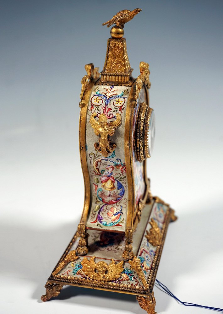 Viennese Gilt Silver & Enamel Table Clock with Gallant Scenes Painting ...