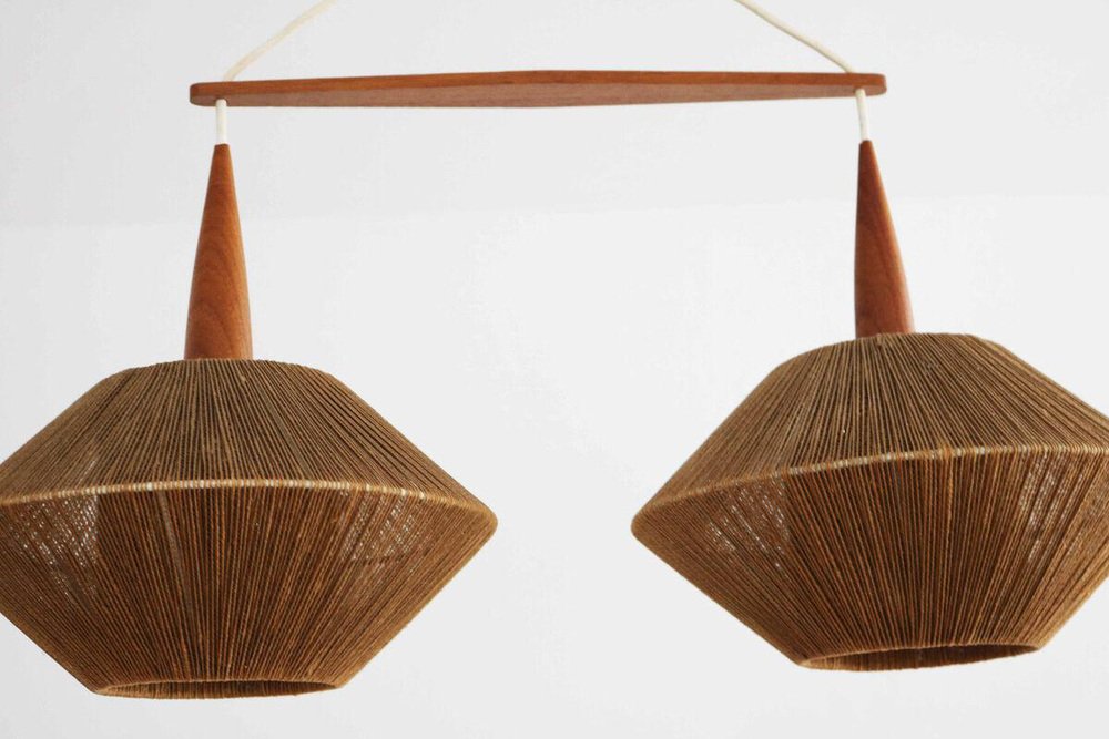 Danish Modern Teak Sisal Double Pendant Light Lamp from Temde, 1960s ...
