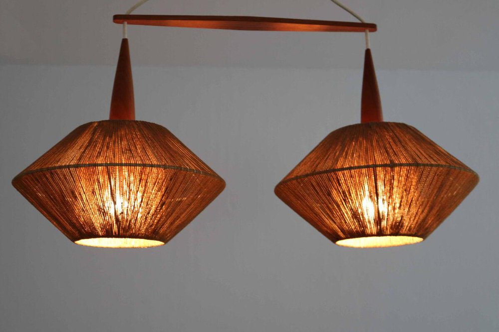 Danish Modern Teak Sisal Double Pendant Light Lamp from Temde, 1960s ...